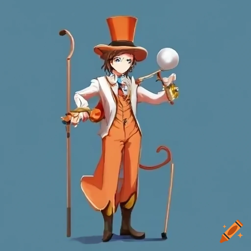 Anime circus ringmaster in orange and silver outfit with top hat and ...