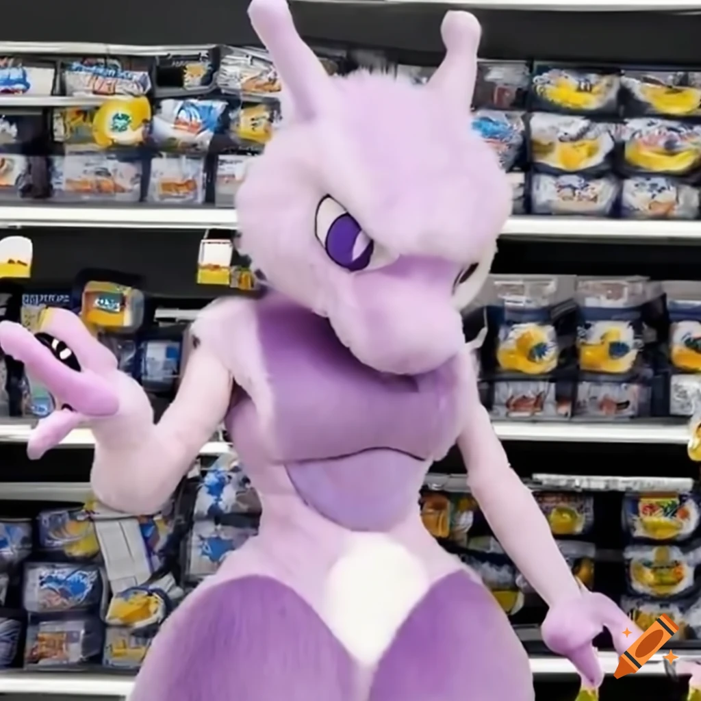 Female employee in a mewtwo mascot costume at walmart on Craiyon