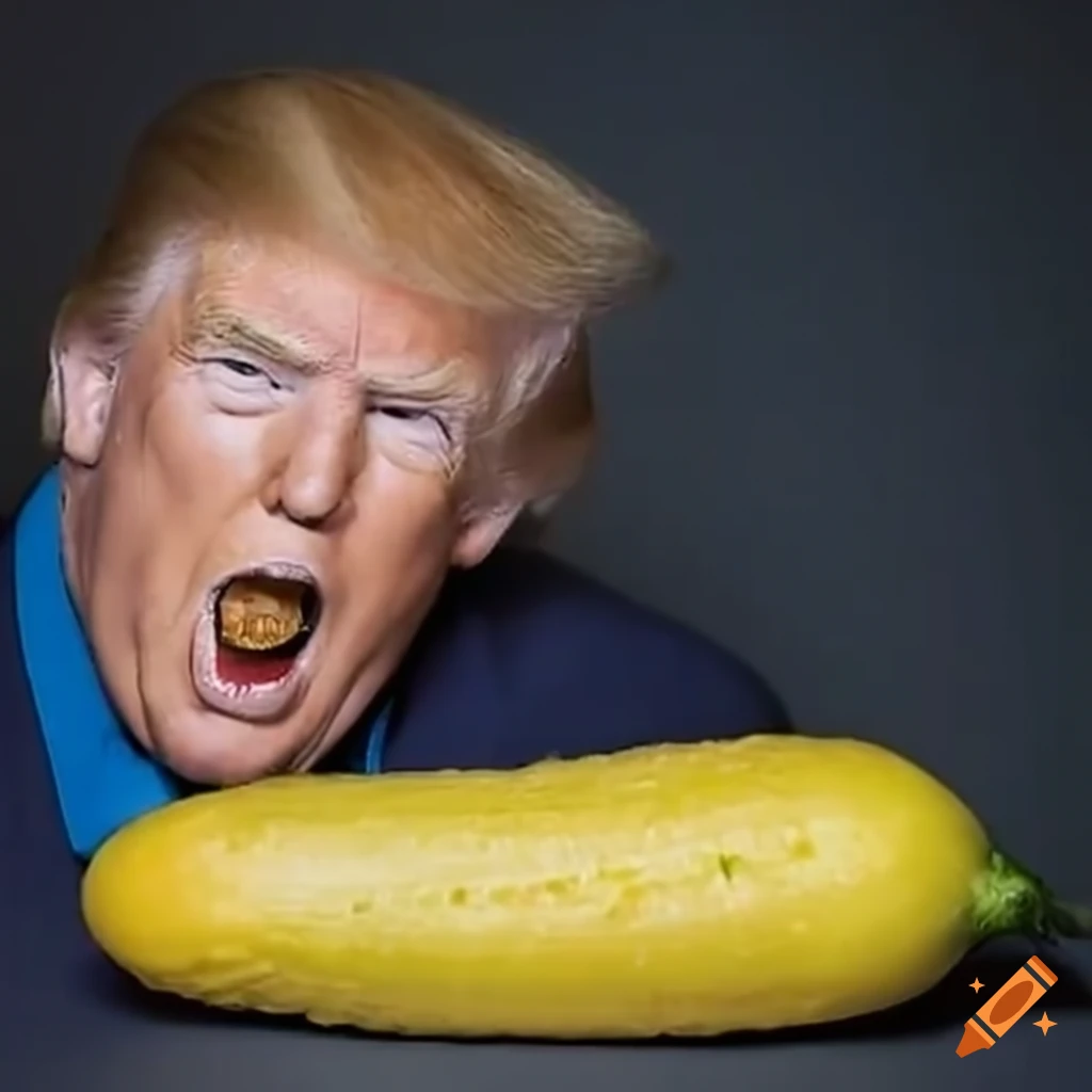 Man in suit eating a whole yellow cucumber on Craiyon