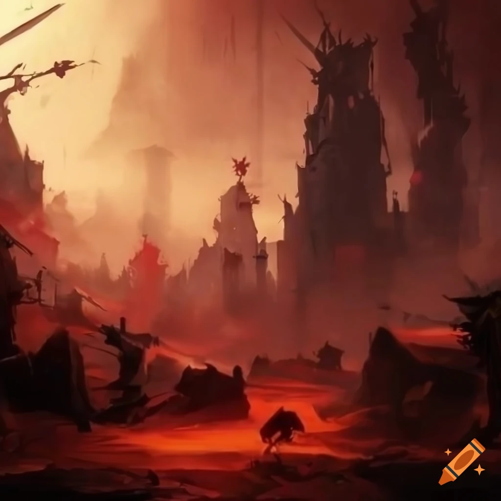 Dark red battlefield in a fantasy setting on Craiyon