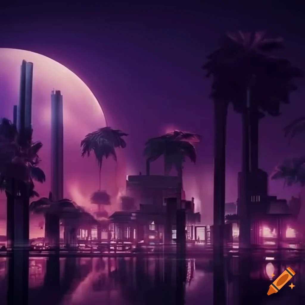 Futuristic tropical city with palm trees in a solarpunk setting on Craiyon