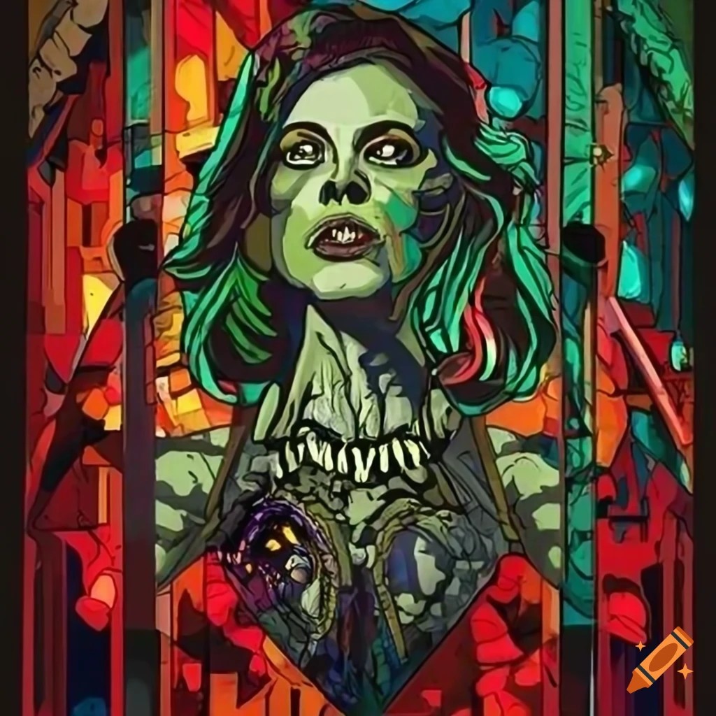 Stained glass style zombie movie poster on Craiyon
