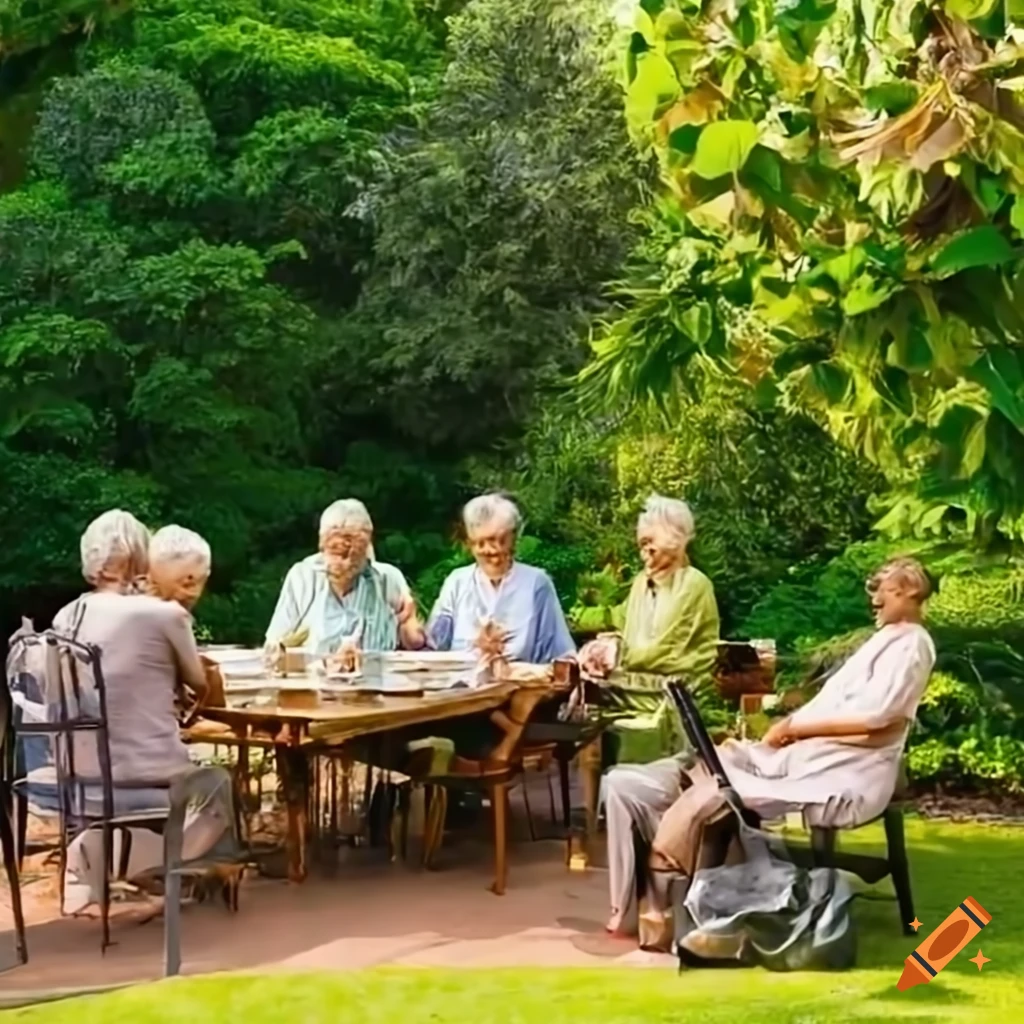 Sunlit garden of a retirement home surrounded by lush greenery with ...