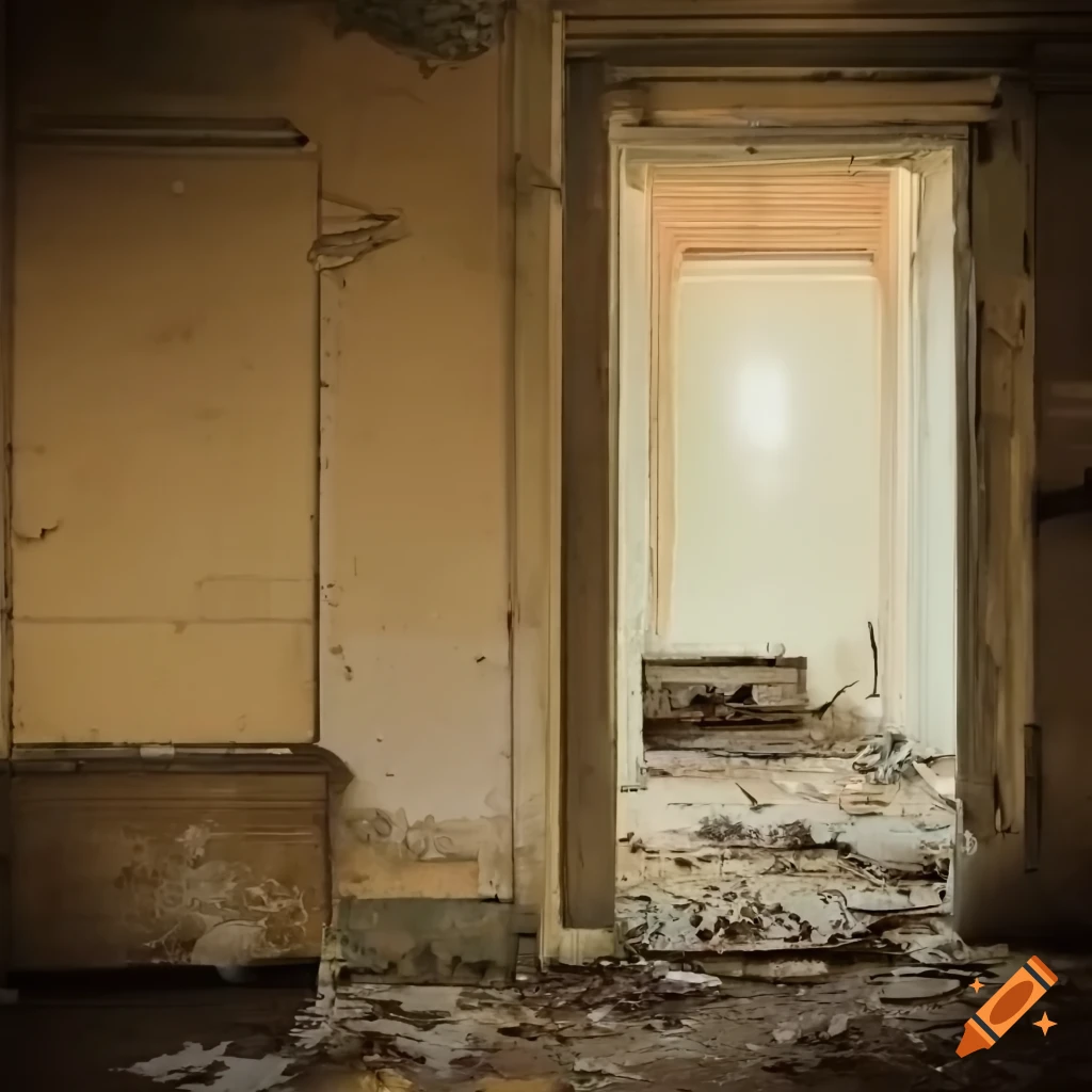 Abandoned flooded storage room with built-in cabinets and shelves on ...