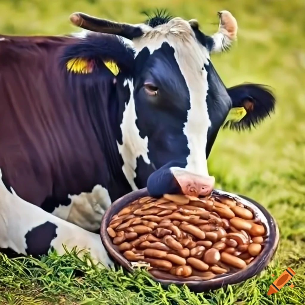 Black and white cow cuddling with a big brown baked bean on Craiyon