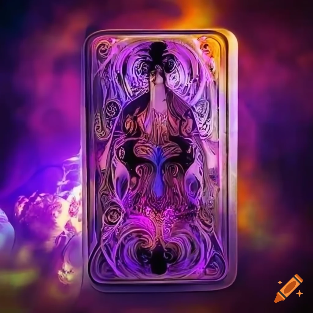 Beautiful holographic purple tarot card spread on Craiyon