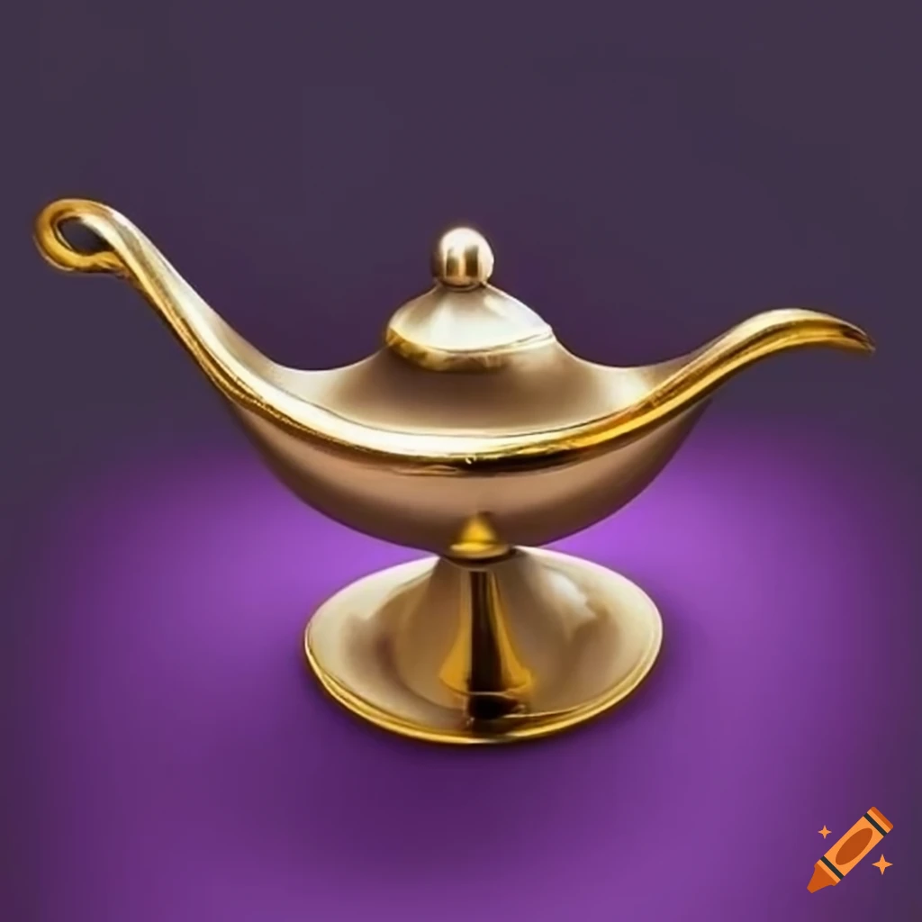 Aladdin's magic lamp on a purple cushion in a realistic setting on Craiyon