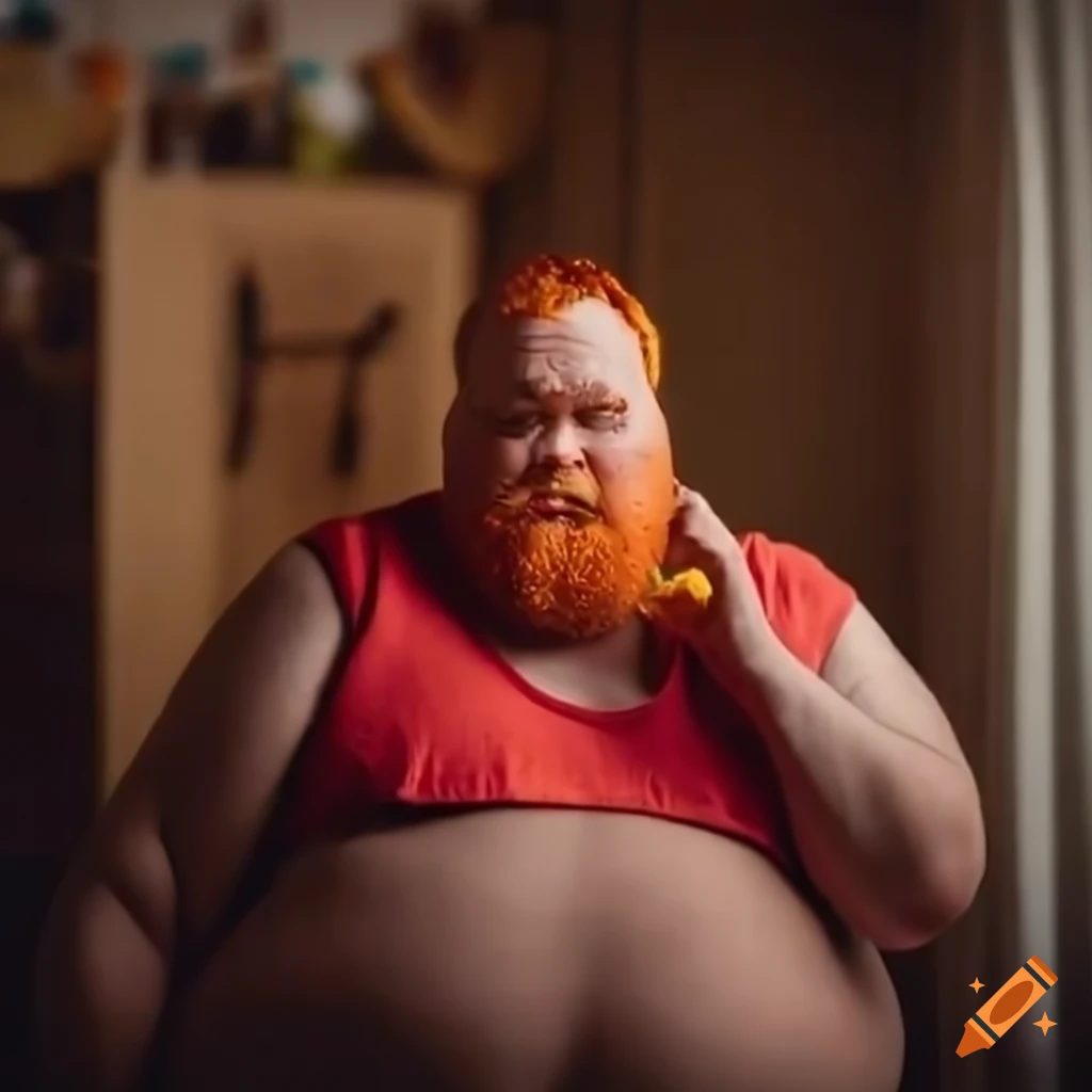 Red-haired man eating a house with humor on Craiyon