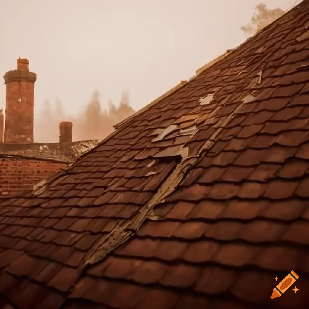 Close-up of abandoned Victorian rooftops sinking into golden ocean ...