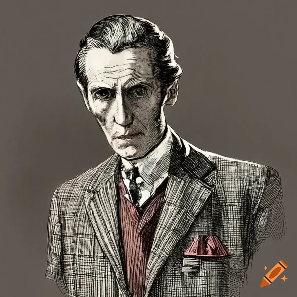 Vintage gravure illustration of Peter Cushing in a plaid suit on Craiyon