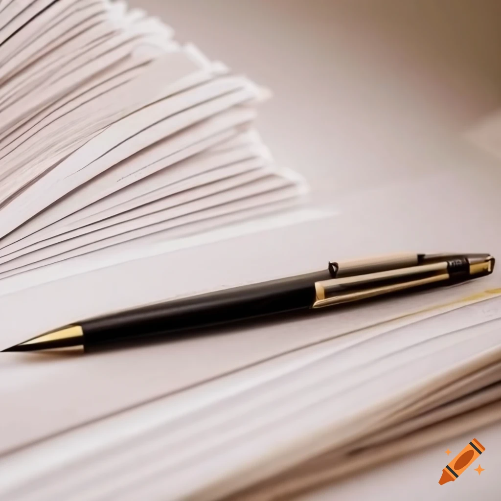 Stack of paperwork with a pen on top on Craiyon