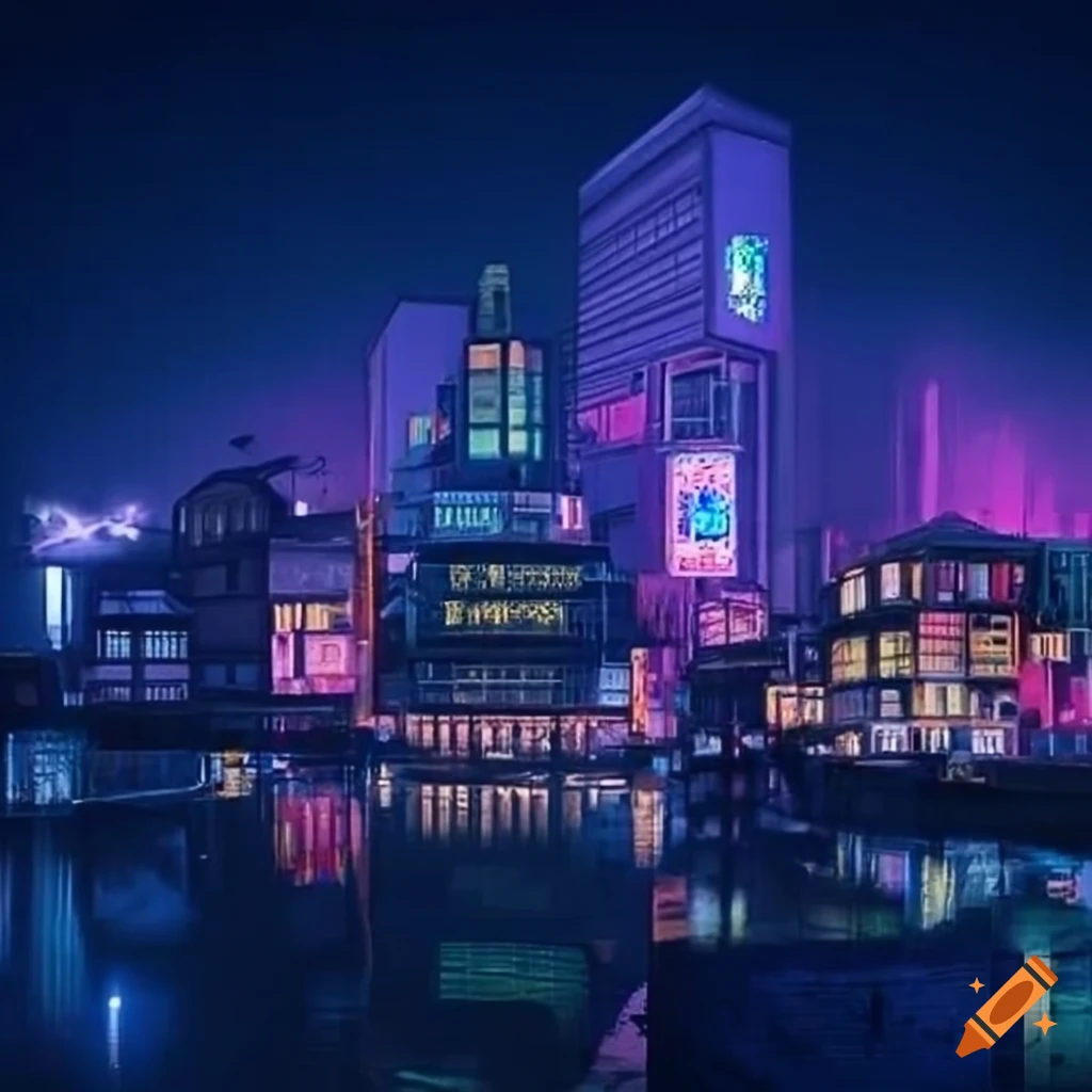 Crowded cyberpunk harbor with japanese architecture and neon streets on ...