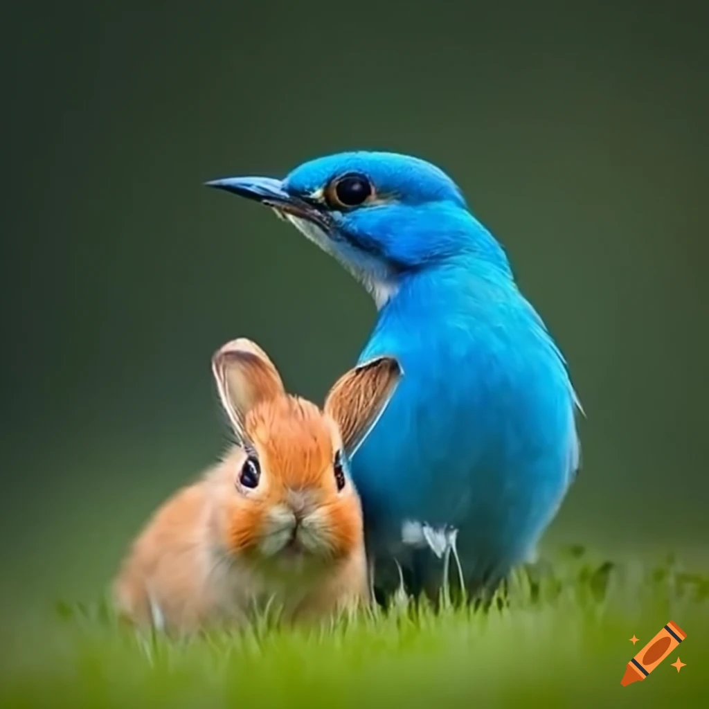 Blue bird and orange bunny showing affection on Craiyon