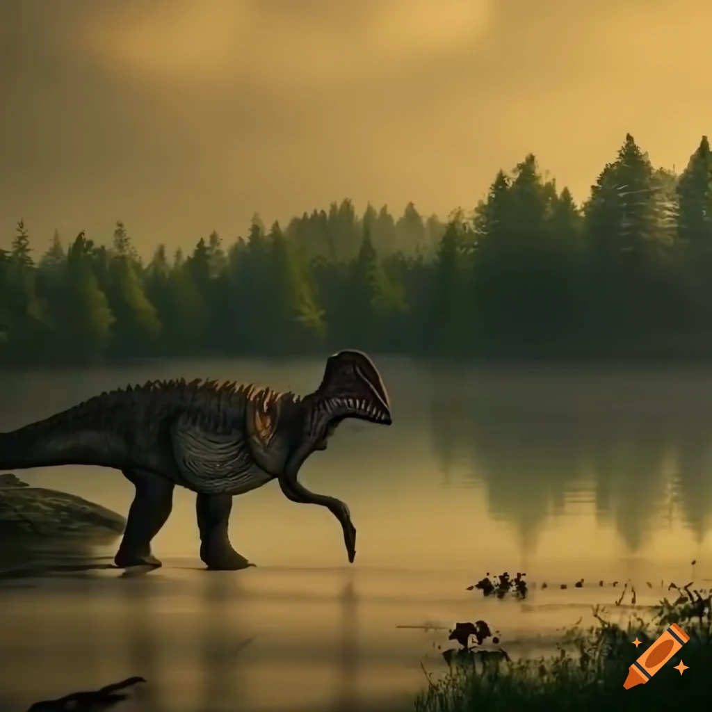 Group of Hadrosaurus dinosaurs walking along a muddy lake bank in warm ...