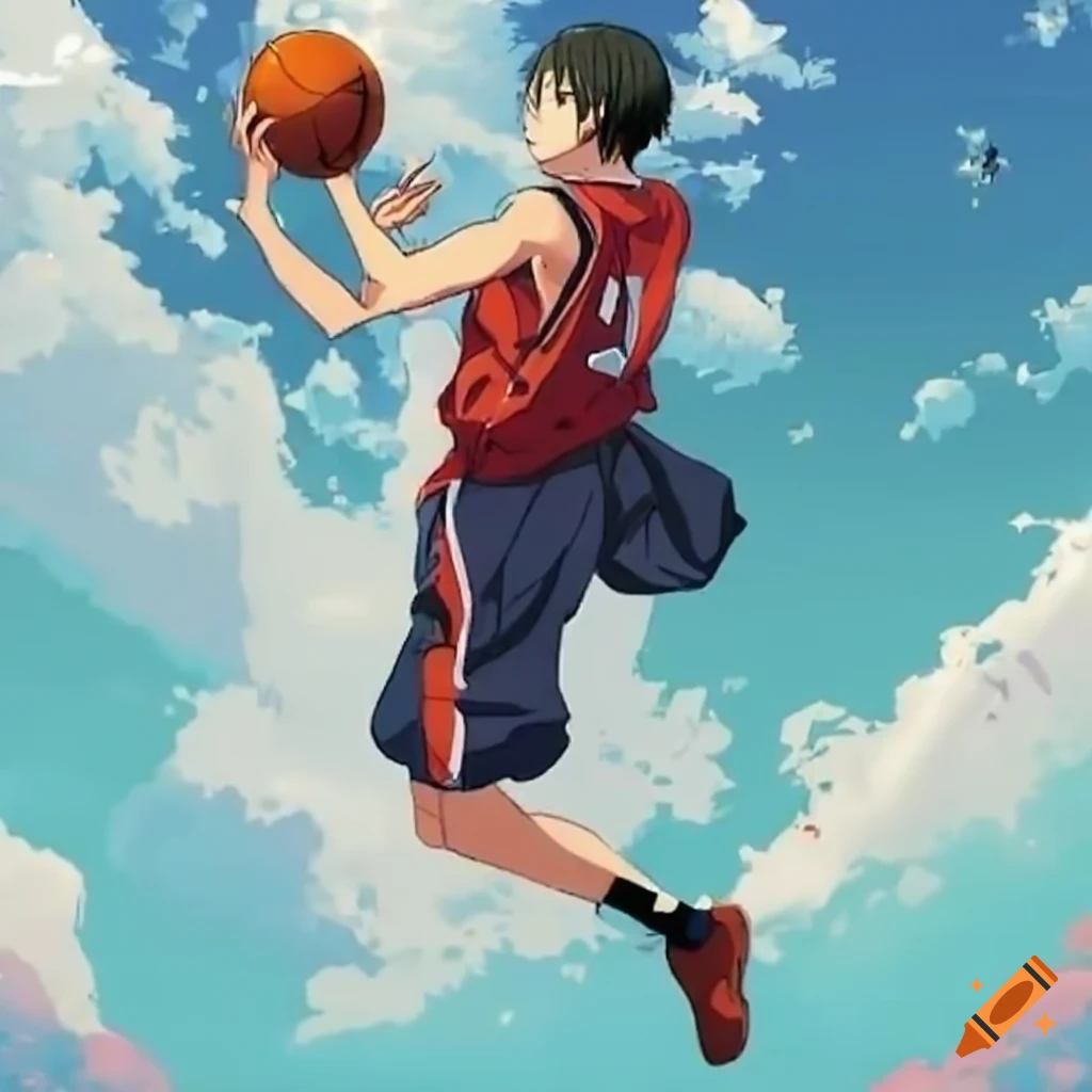 Anime basketball player jumping for a rebound with 3 opponents on Craiyon