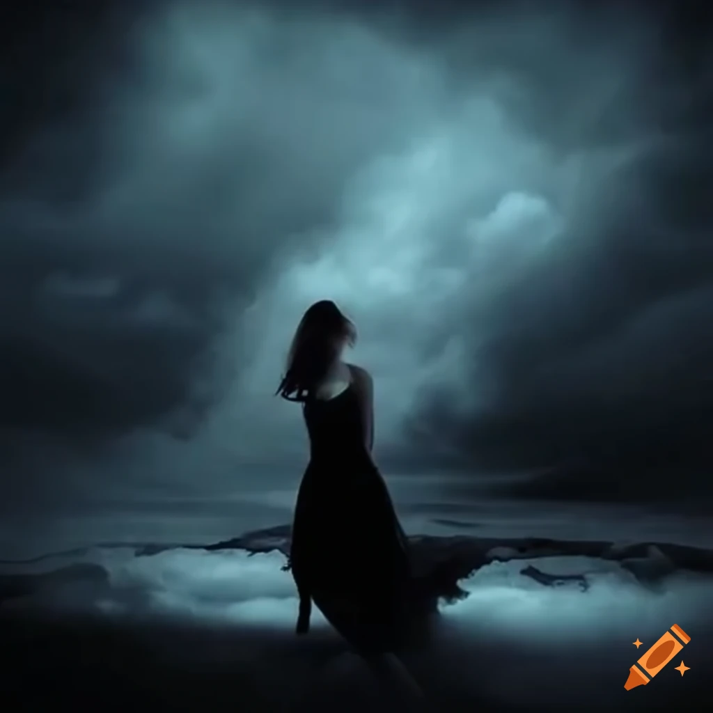 Woman falling through darkening grey clouds into a gloomy world on Craiyon