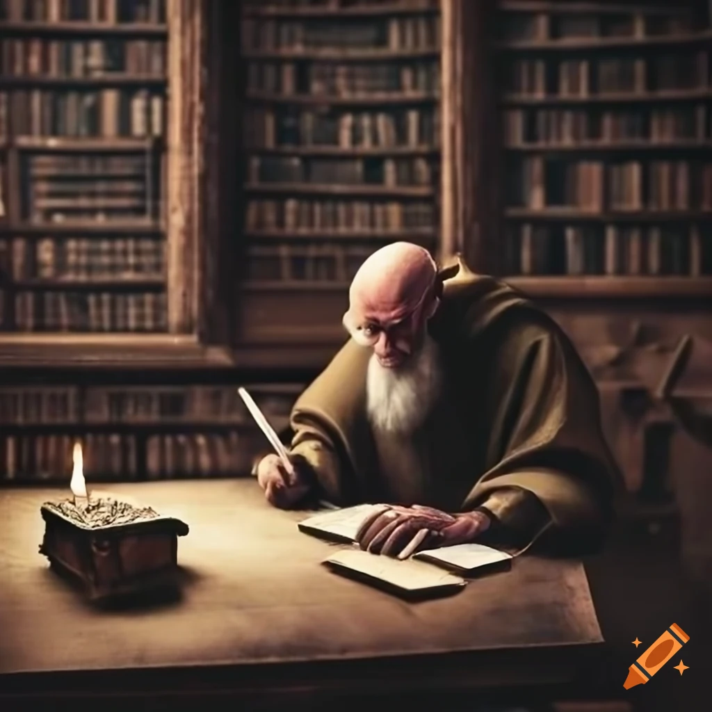 Dark and dusty medieval monastery library with a hermit monk on Craiyon