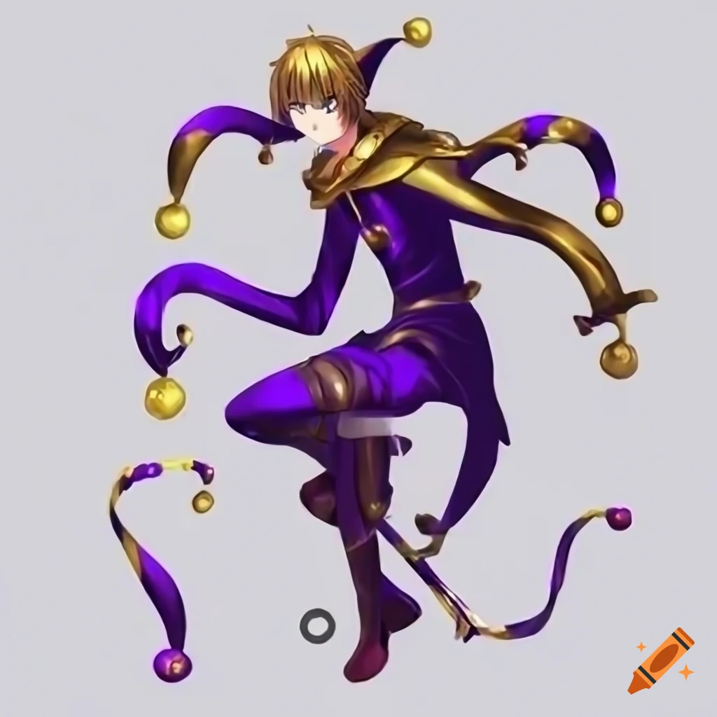 Anime character with purple and gold jester outfit and long hat on Craiyon