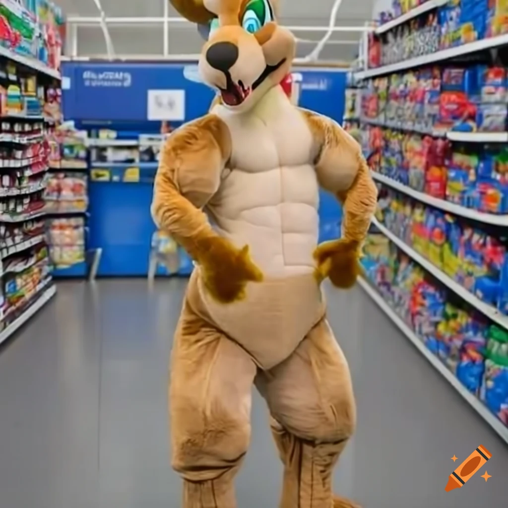 Male employee in a cartoony muscle kangaroo mascot costume at Walmart ...