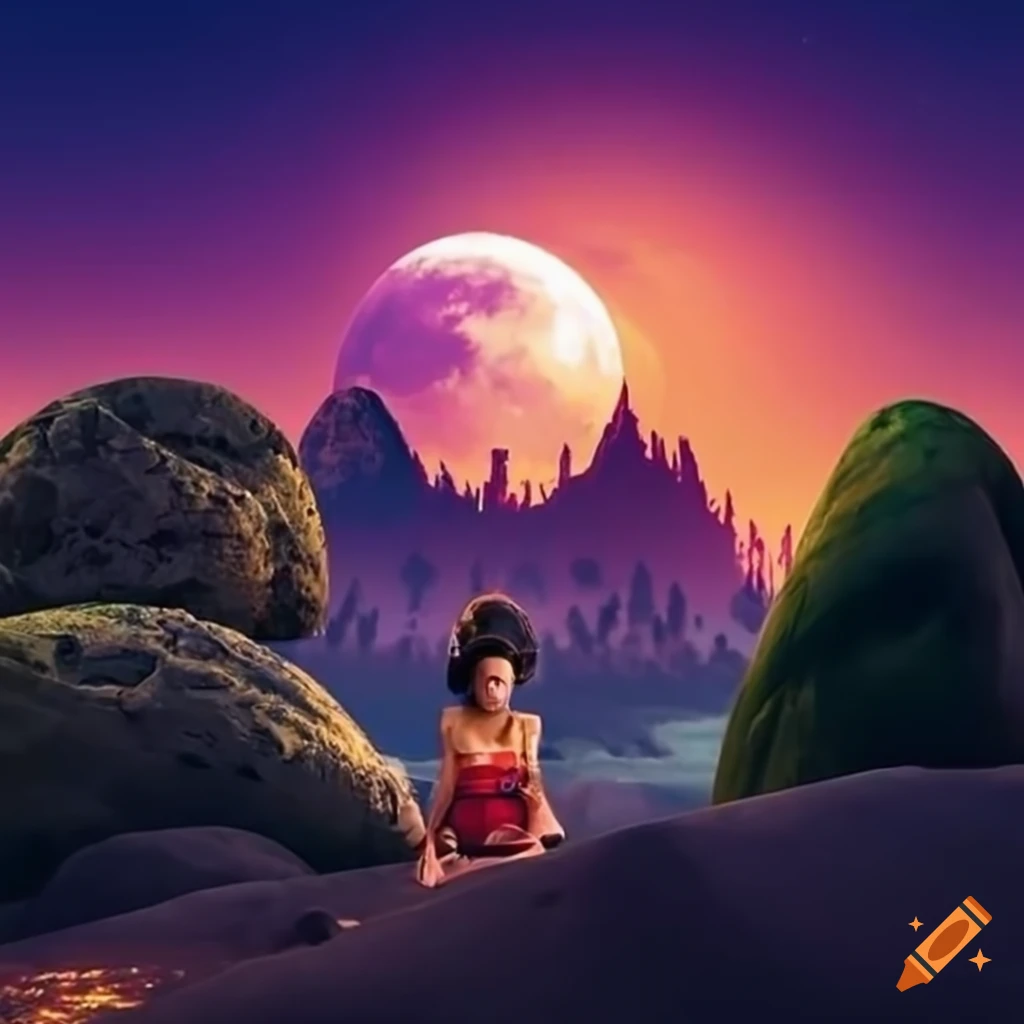 Sultry retro sci fi girl on an alien planet under a gibbous moon on Craiyon