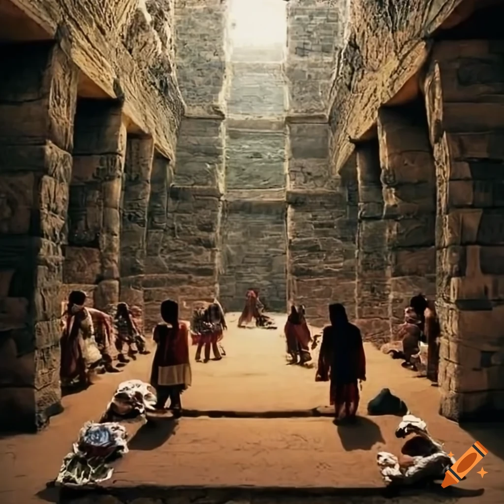 Aztec people living in a stone hall on Craiyon