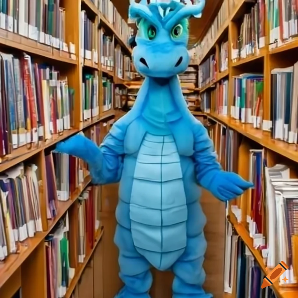 Female librarian in a cartoony blue dragon costume at library on Craiyon