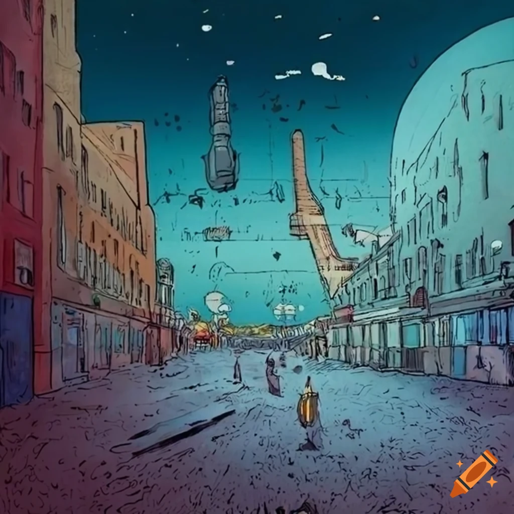 Surreal street scene in a weird planet by Moebius on Craiyon