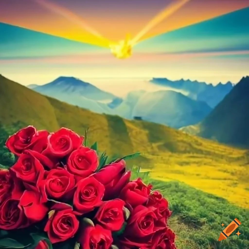 Romantic bunch of red roses and daffodils in mountain panorama on Craiyon