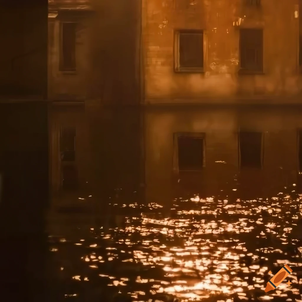 Texture of brown water with tips of buildings reaching out in sunny fog ...