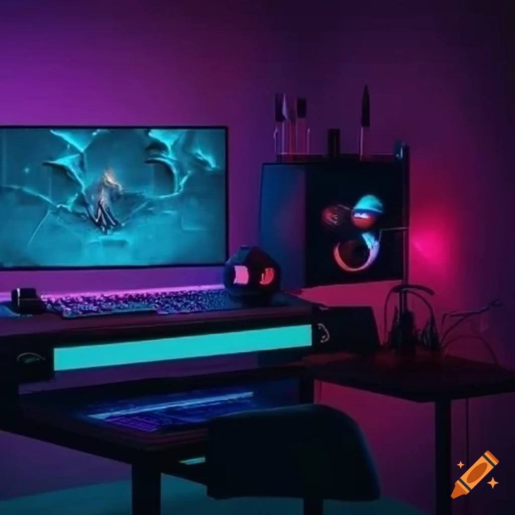 Gaming setup in a dark room with cold colors on Craiyon