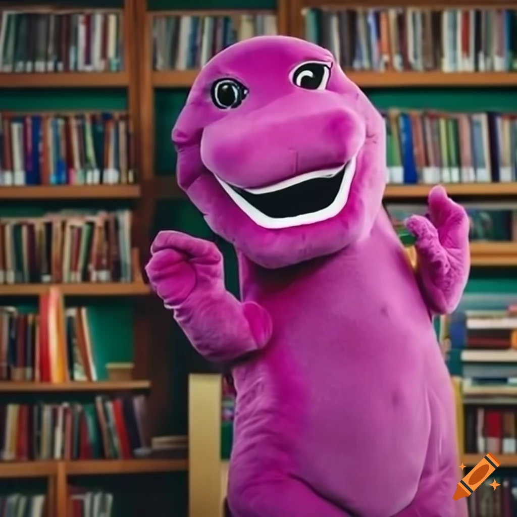 Female librarian in a full body barney mascot costume at school library ...