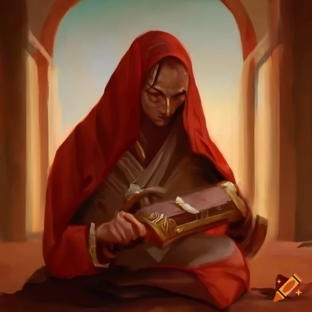 Arabian monk discovering a treasure chest in magic the gathering style ...