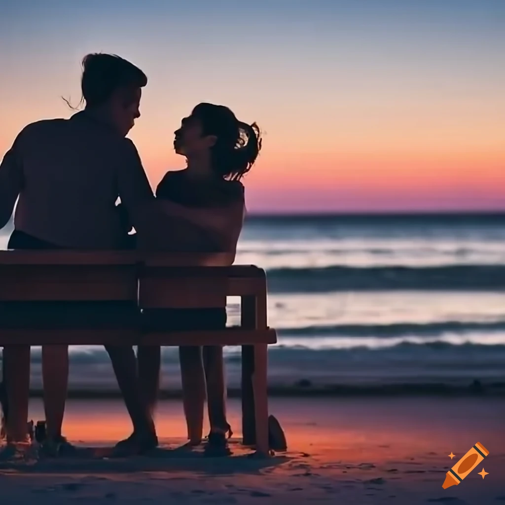 Romantic moment on a beach bench at sunset on Craiyon