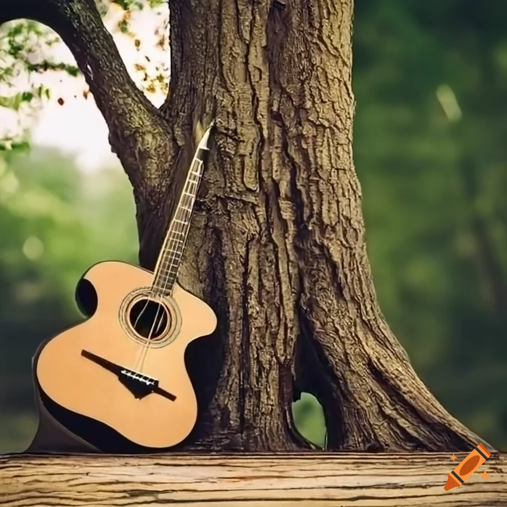 Beautiful guitar being played under a rustic wooden tree on Craiyon
