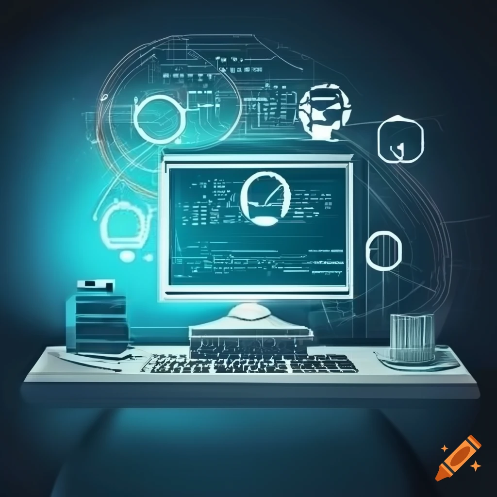 Illustration of computer screen with information symbols and ai on Craiyon