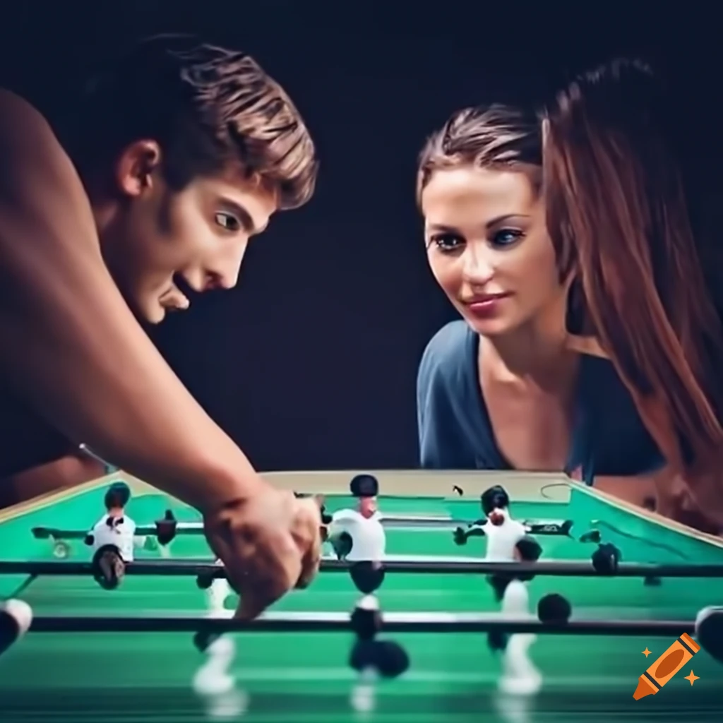 Four people enjoying a table football tournament on Craiyon
