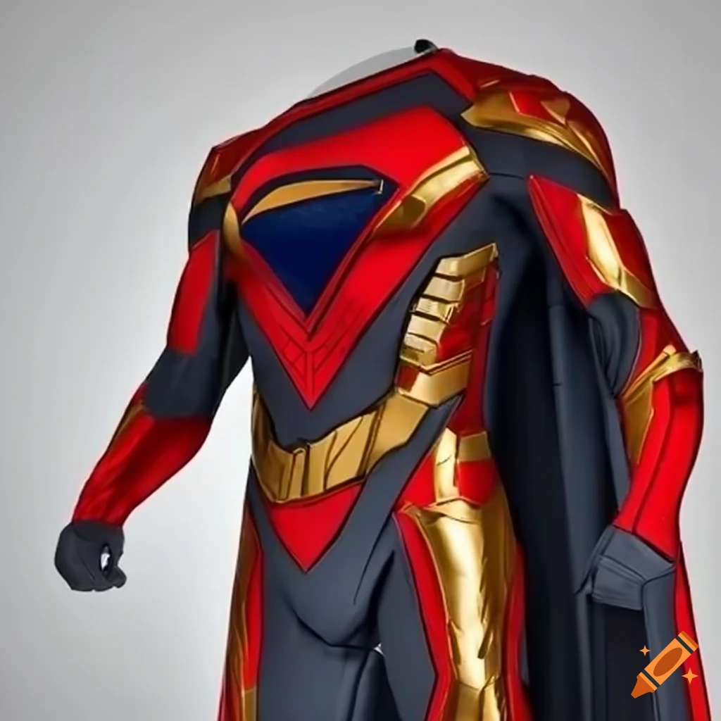 Sleek high-tech superhero suit with red and gold accents inspired by ...