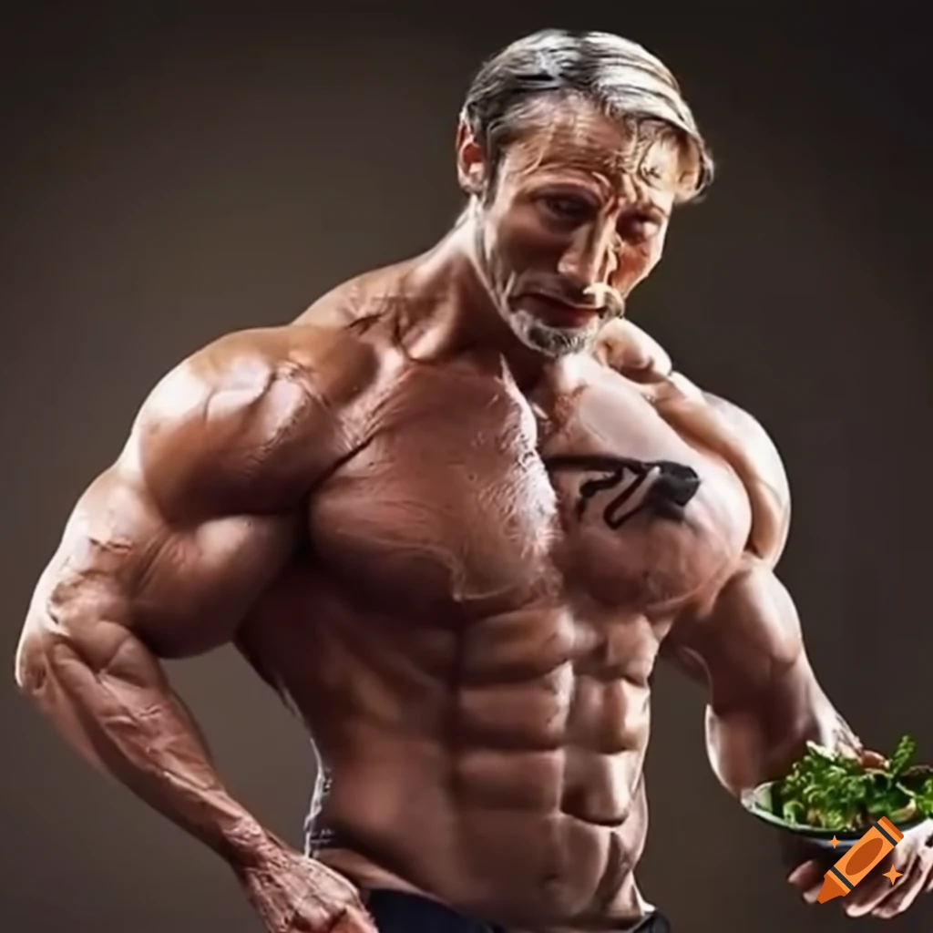 Mads Mikkelsen bodybuilder eating a healthy salad on Craiyon