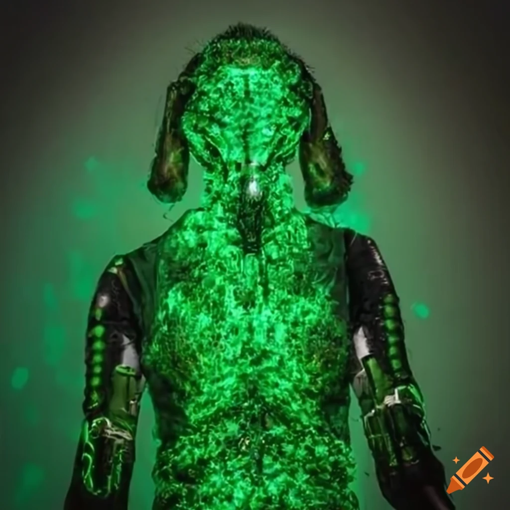 High-tech biopunk cyborg covered in glowing moss in a futuristic ...