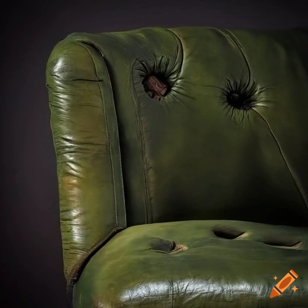 Texture of old green worn leather chair with stuffing under indirect ...