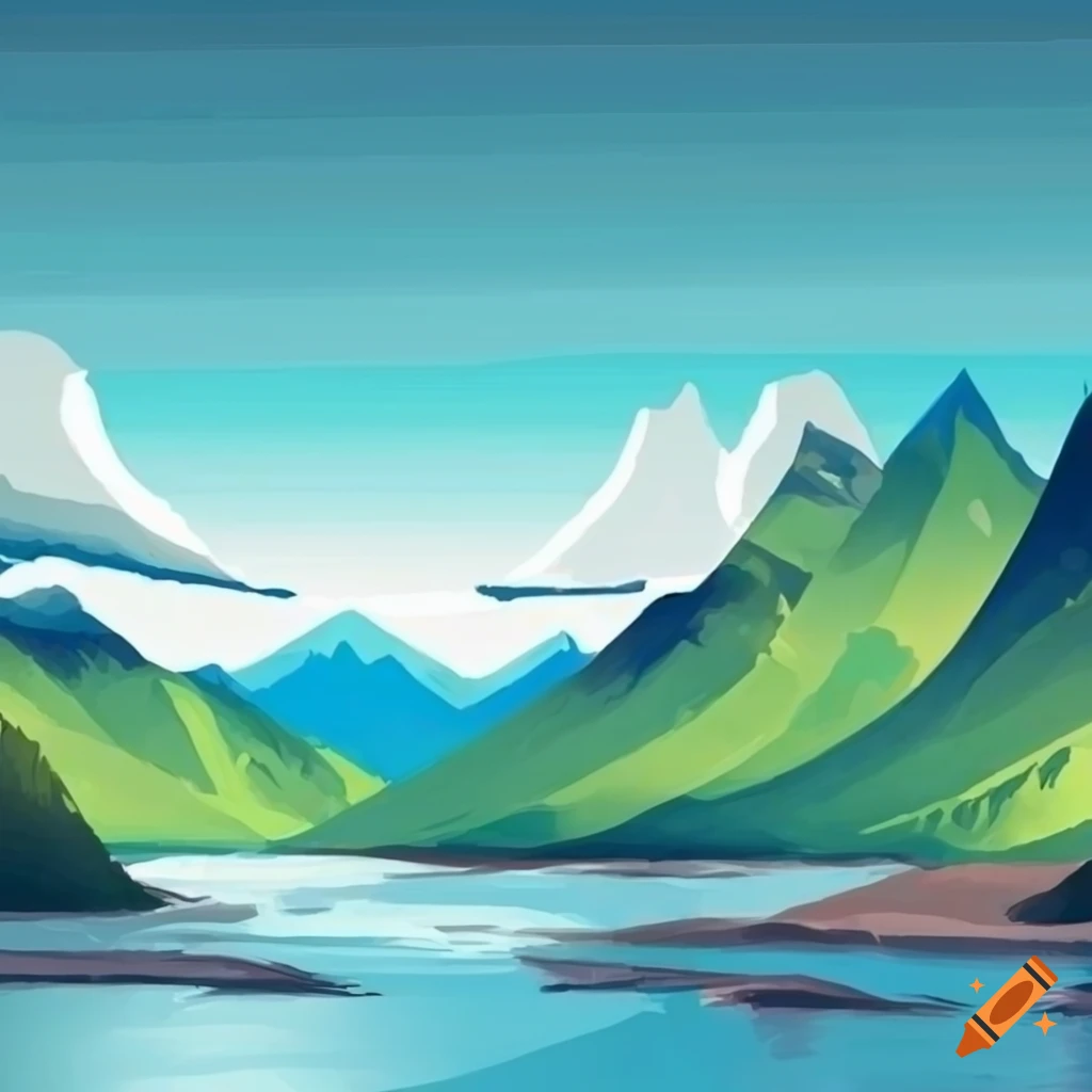 Scenic view of mountains and river landscape sketch on Craiyon