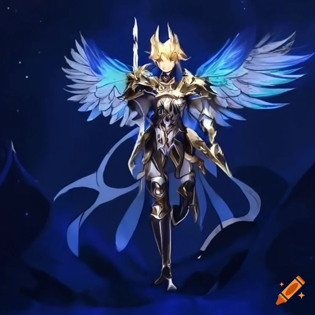 Angelic winged armor knight battling demons in the moonlight in anime ...