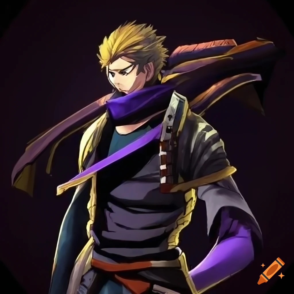 Fierce blue-eyed male Ronin with ninja mask and samurai armor on Craiyon