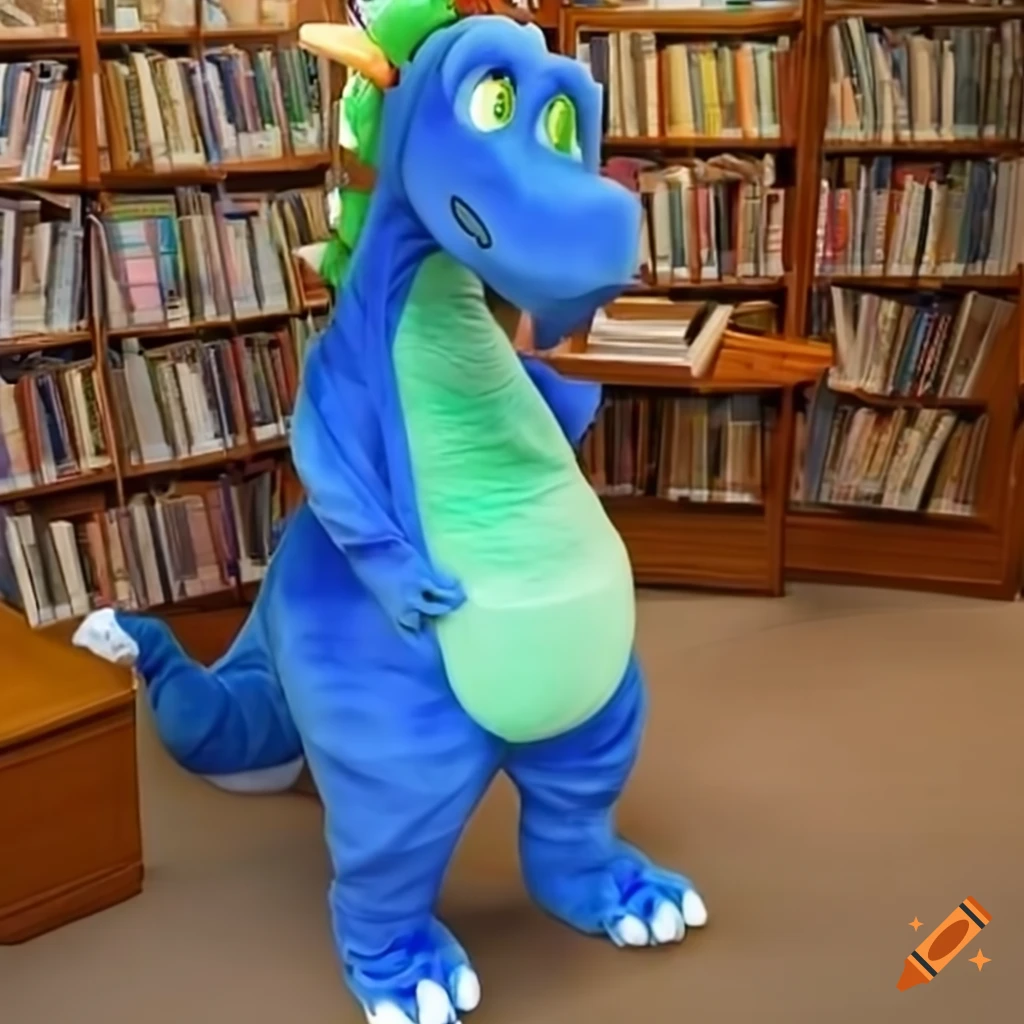 Female librarian in a cartoony blue dragon costume at library on Craiyon