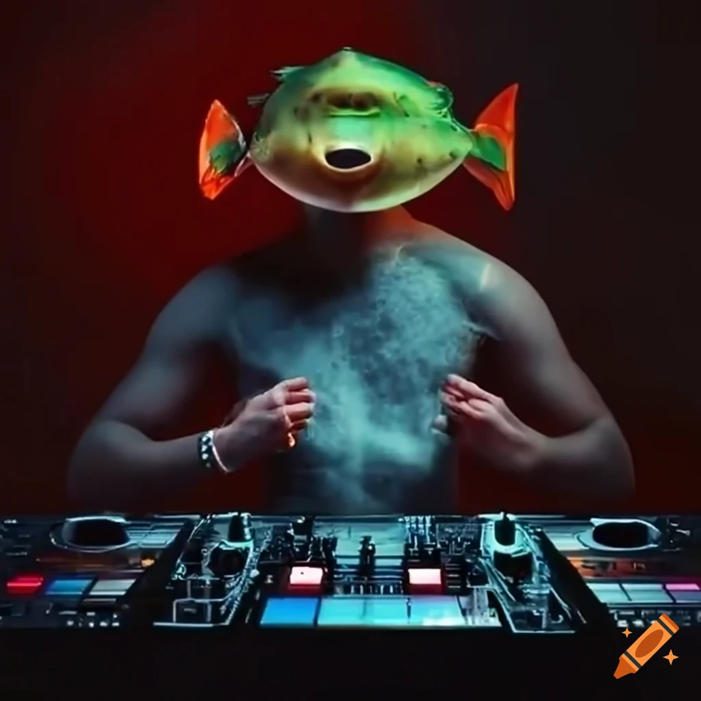 Dj with a fish head playing music on a pioneer mixer on Craiyon