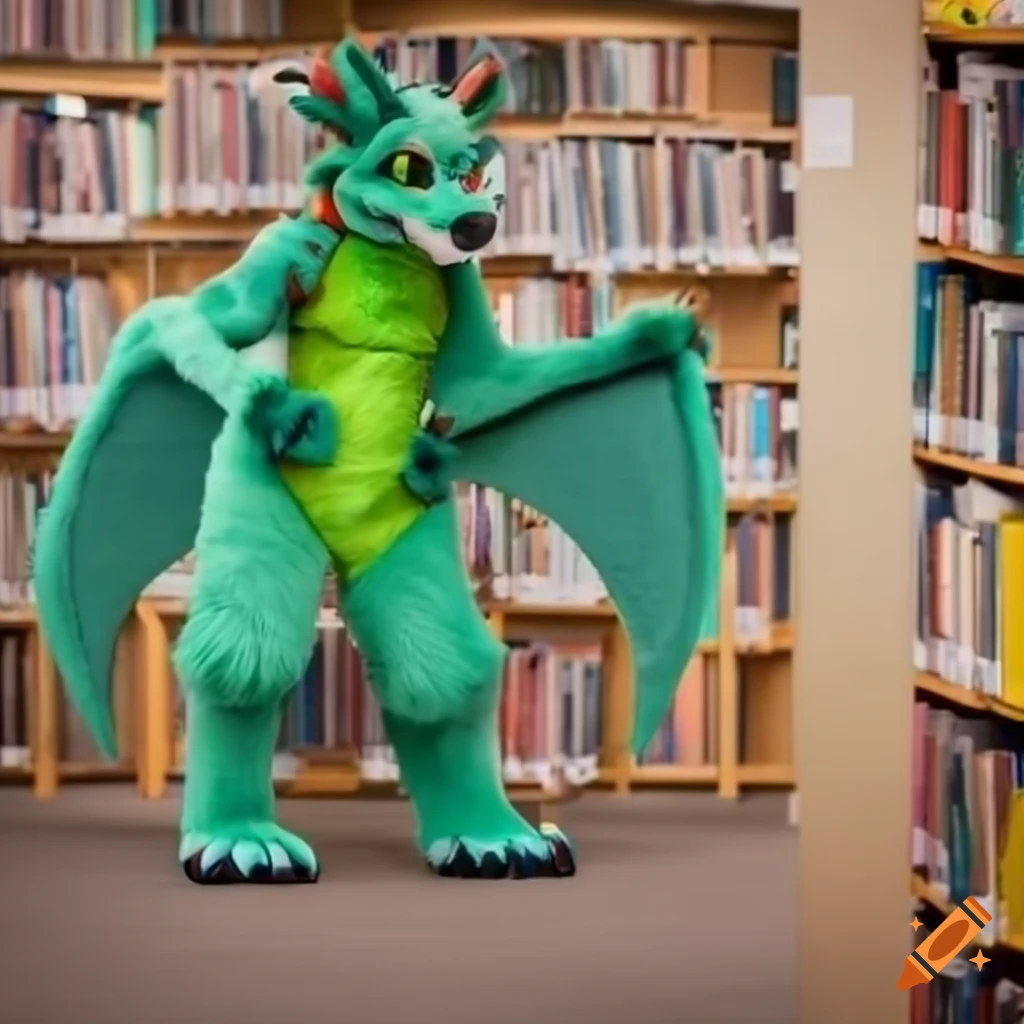Female librarian with a cartoony green male dragon at library on Craiyon