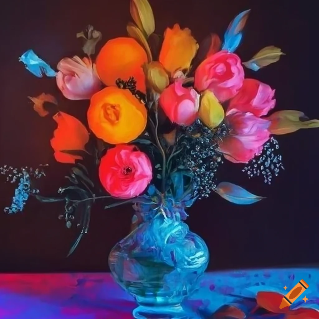Vibrant dutch still life painting with flowers in a glass vase and an ...