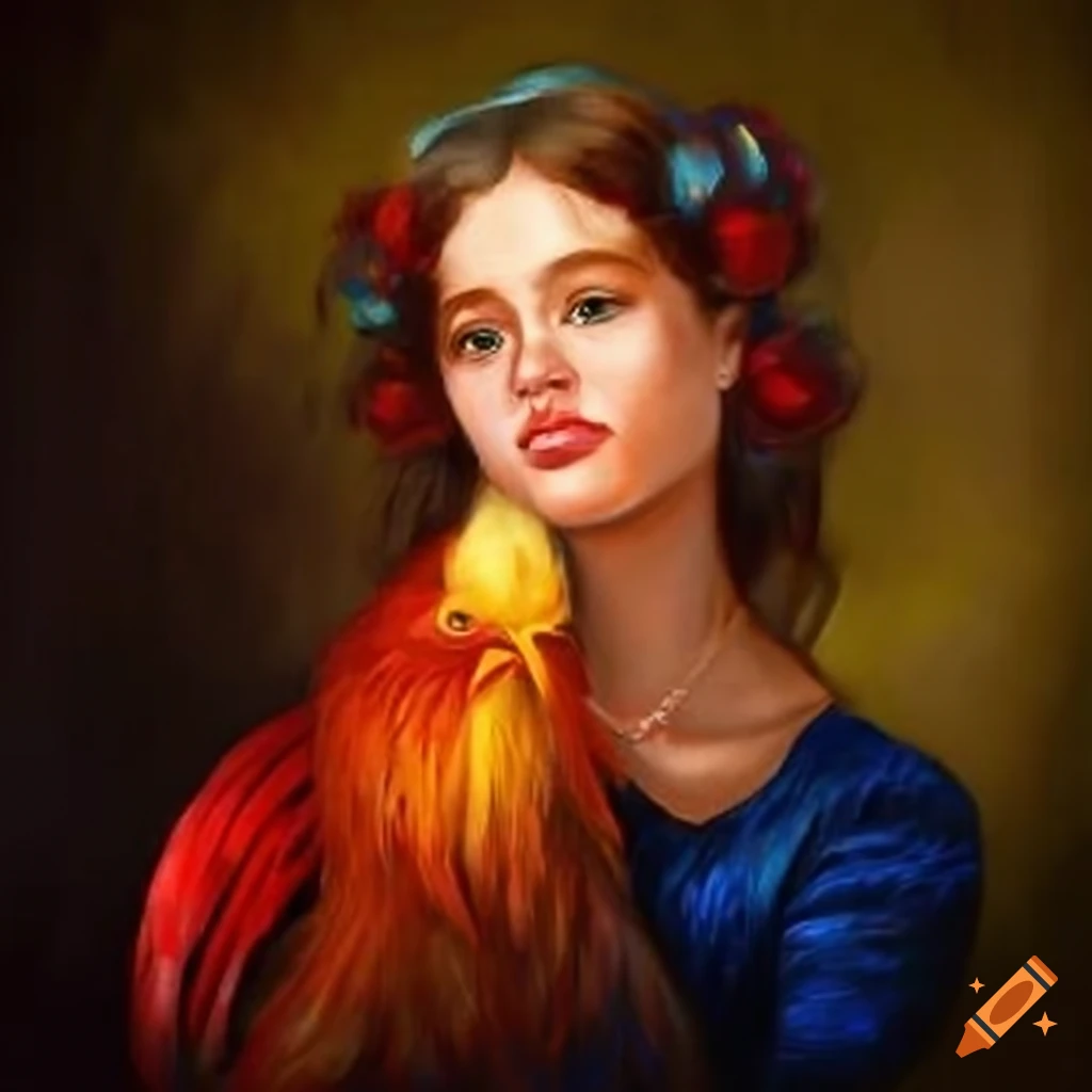 Artistic depiction of a young woman with a rooster on her shoulder on ...