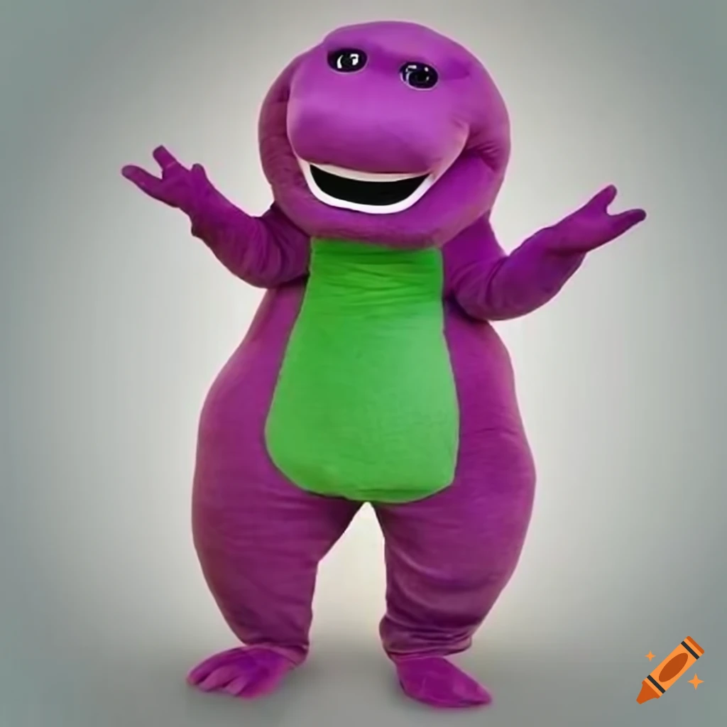 Female librarian in a full body barney mascot costume at school library ...