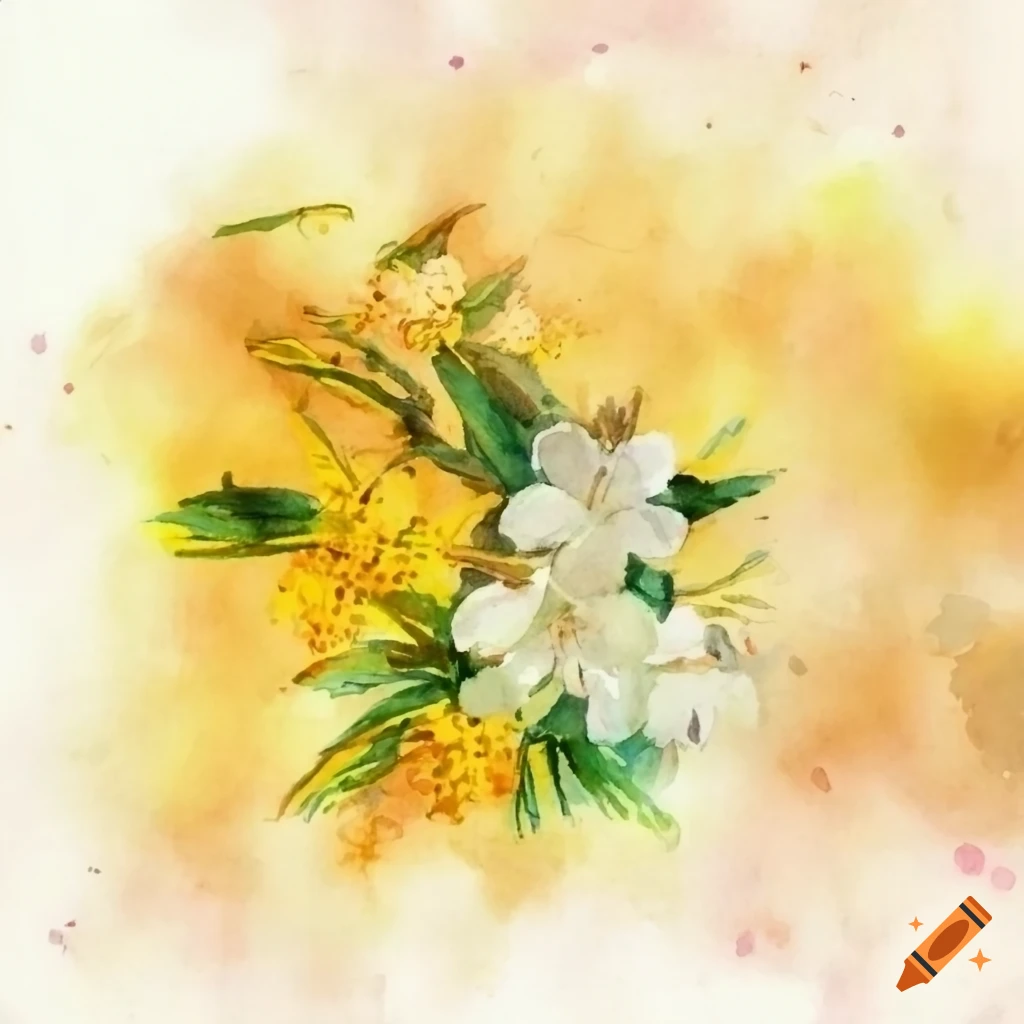 Golden wattle fence adorned with Arabian Jasmine flowers in watercolor ...